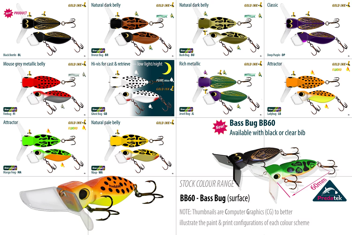 Predatek BB60 Bass Bug Clear Bib 60mm 12g Floating Fish Lure - Choose ...