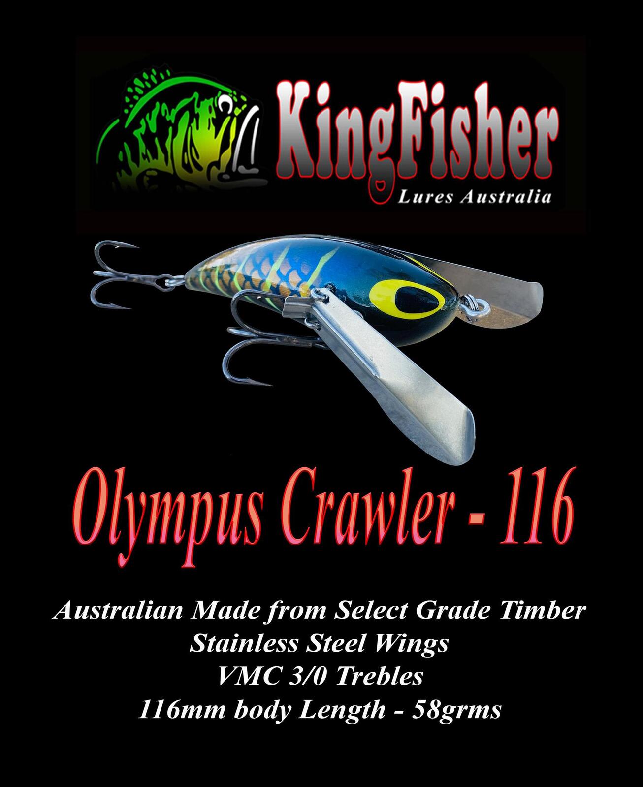 KingFisher Olympus 116mm Surface Timber Fishing Lure - Choose Colour